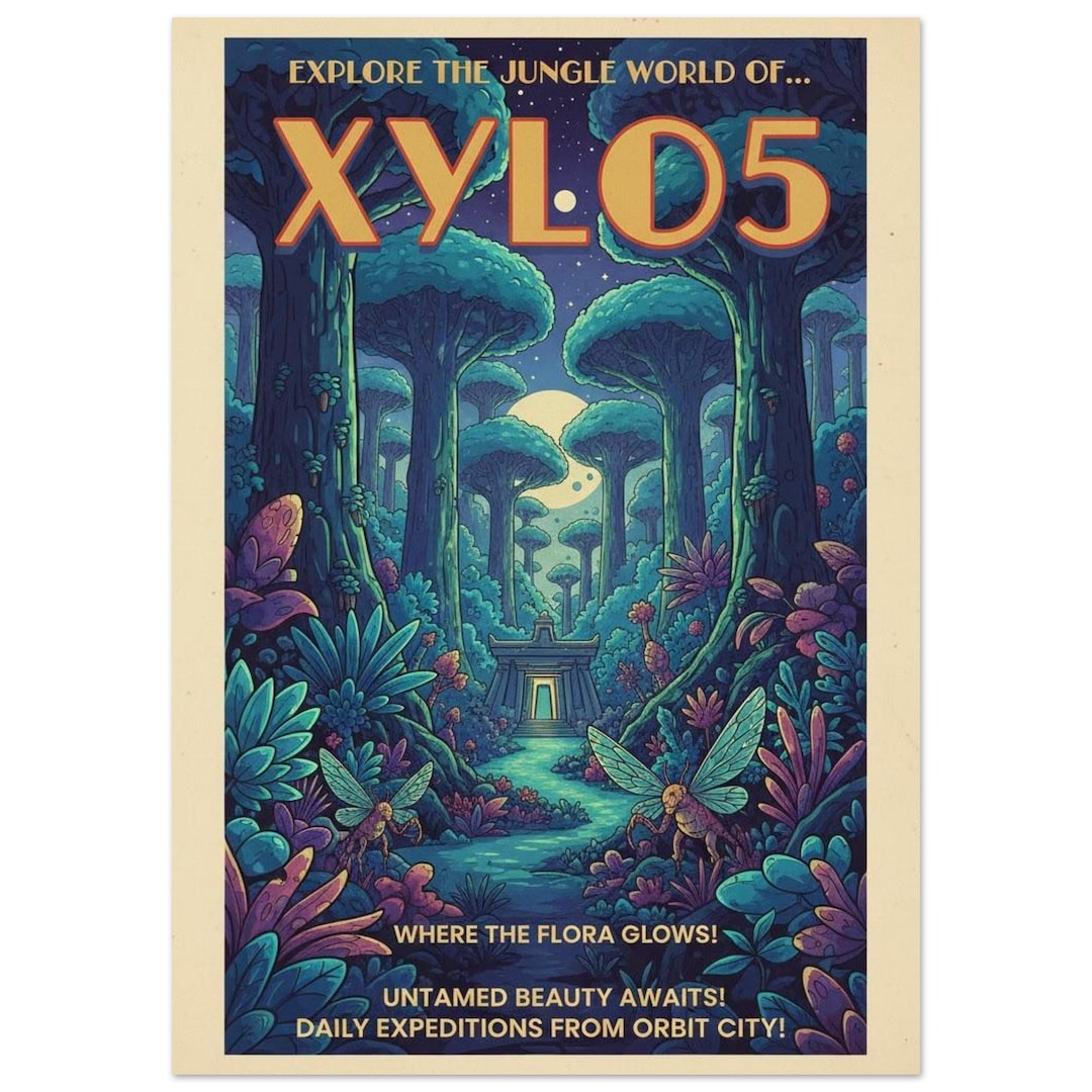 Retro-futuristic Orbit City Travel Poster - Xylos - Vintage Space Art ...