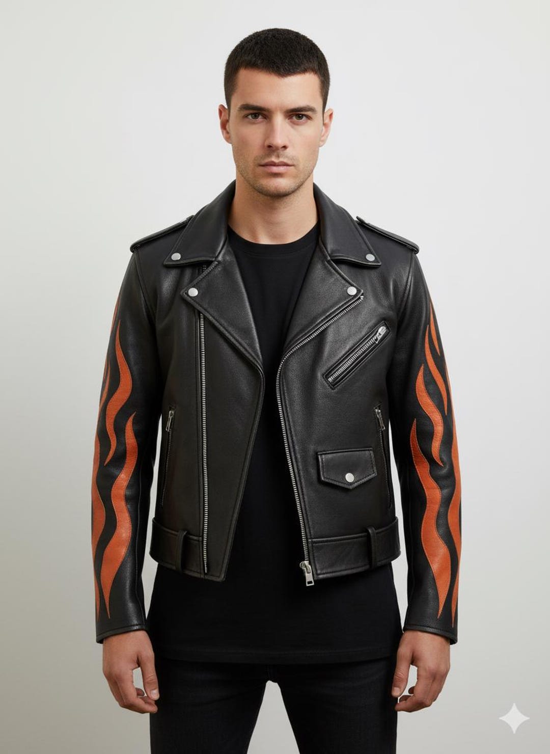 Men's Black Leather Biker Jacket With Orange Flames,moto Jacket With ...