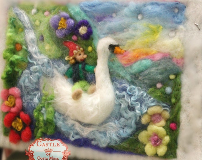 An Elf Riding a Swan. 8 X 10 Inches Unframed Needle-felted Wool Picture ...