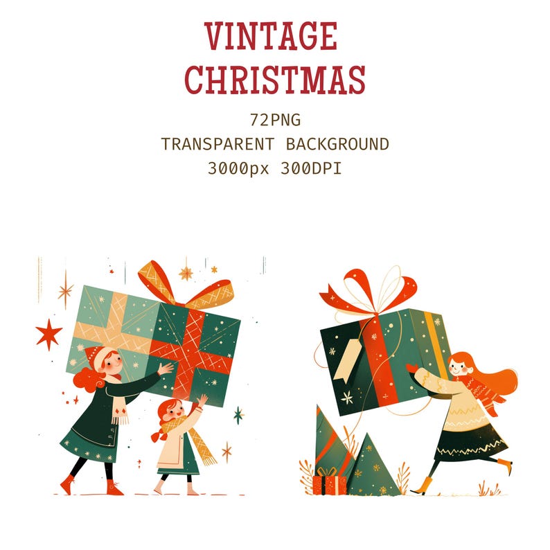 Vintage Christmas Clipart Bundle | Retro Santa & Reindeer | Classic ...