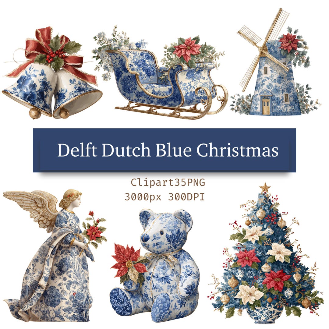 Delft Blue Christmas Clipart Set – 35 Dutch Holiday Pngs (digital ...
