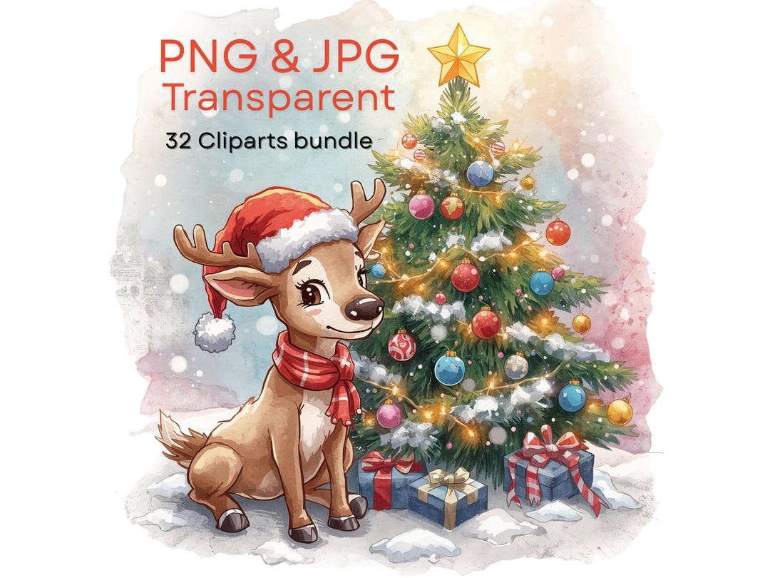 Funny Christmas Reindeer Clipart Set • Watercolor Elk PNG Bundle • Cute ...