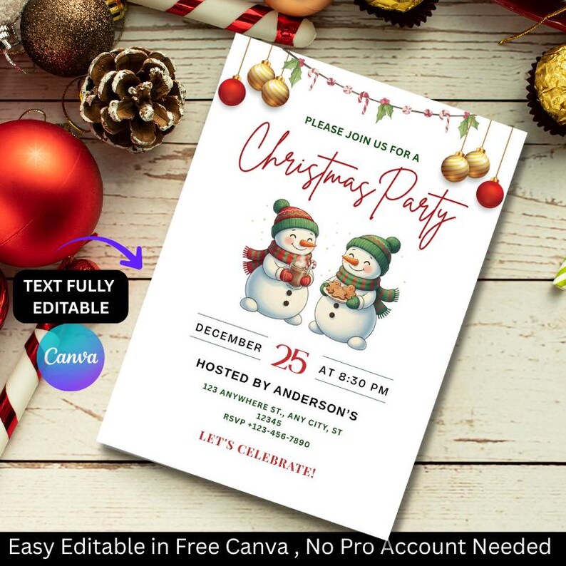Editable Christmas Party Invitation | Snowmen Holiday Invite (digital ...
