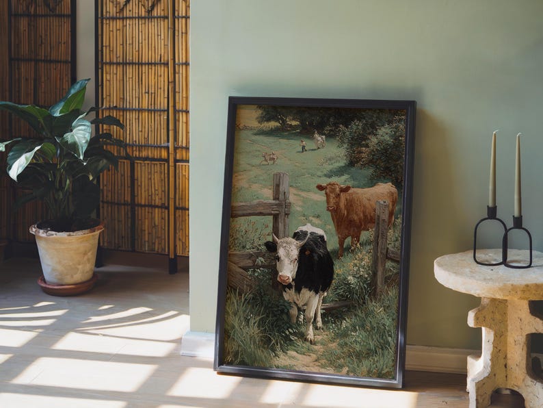 Vintage Cow Oil Painting Print, Rustic Farmhouse Wall Art, Country ...