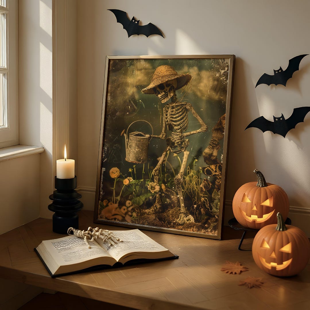 Skeleton Design Frame Wall Art, Funny Gothic Halloween Decor, Vintage ...
