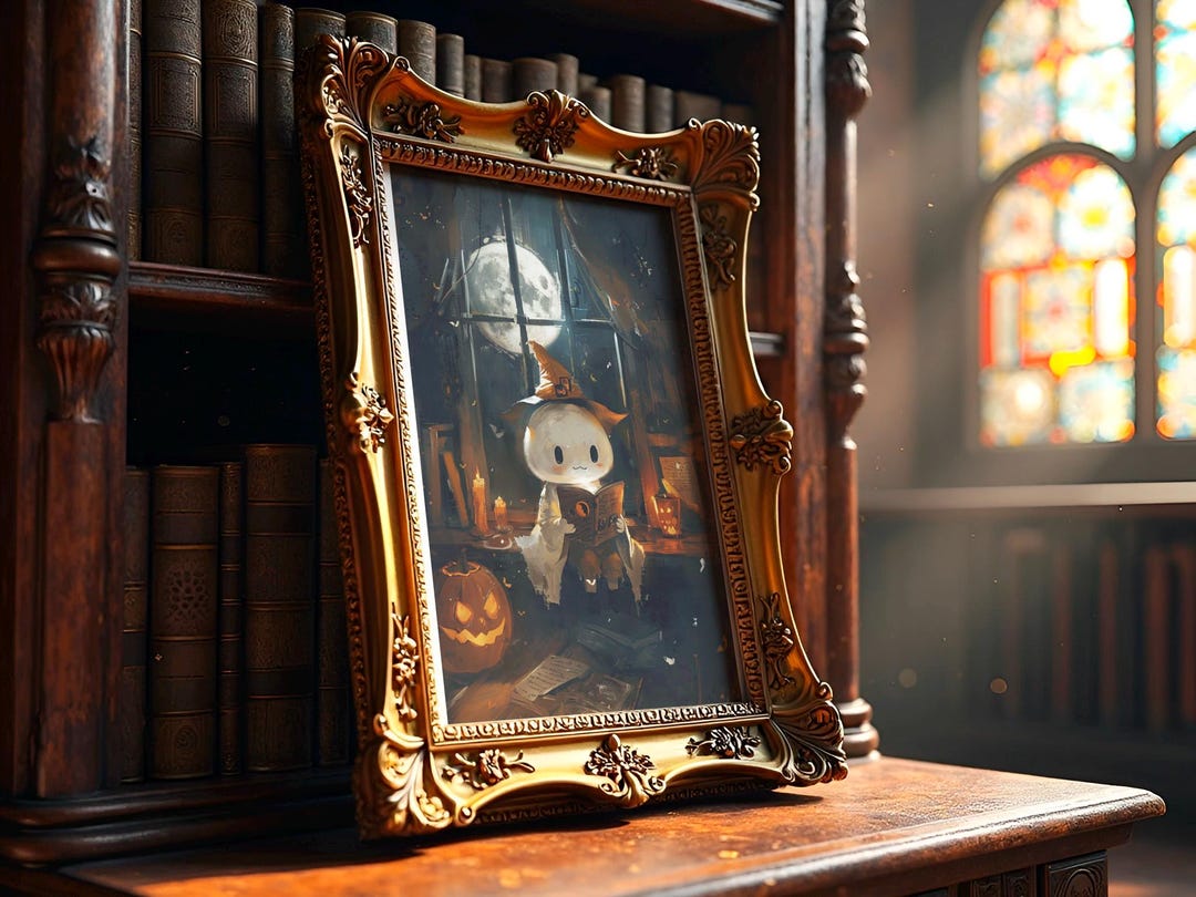 Cute Ghost Reading Spell Book by Moonlight Art Print, Whimsical ...