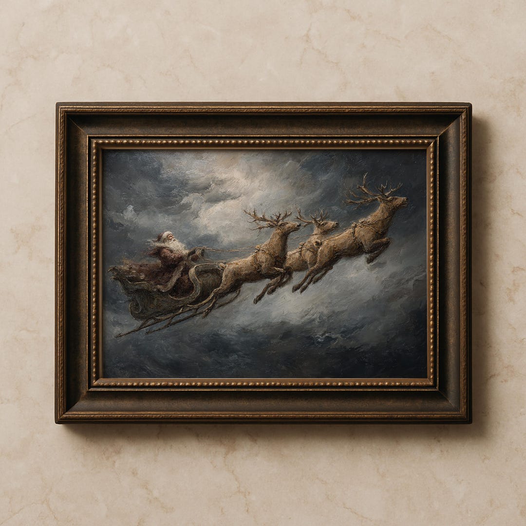 Vintage Santa Sleigh Print, Santa Claus With Reindeer Art, Rustic ...