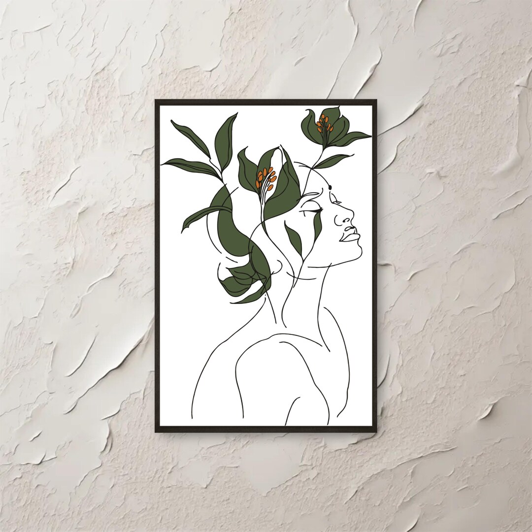 Abstract Botanical Woman Line Art Wall Art, Minimalist Boho Face ...