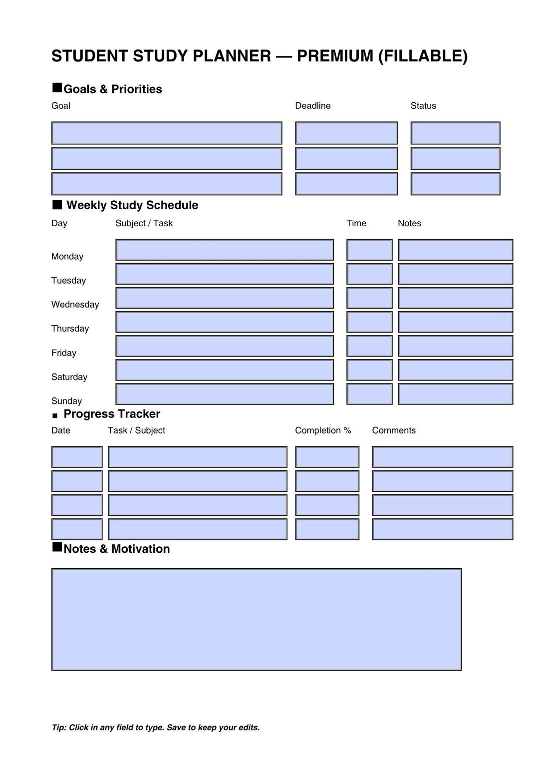 Study Planner Template Student Homework and Exam Tracker Academic ...