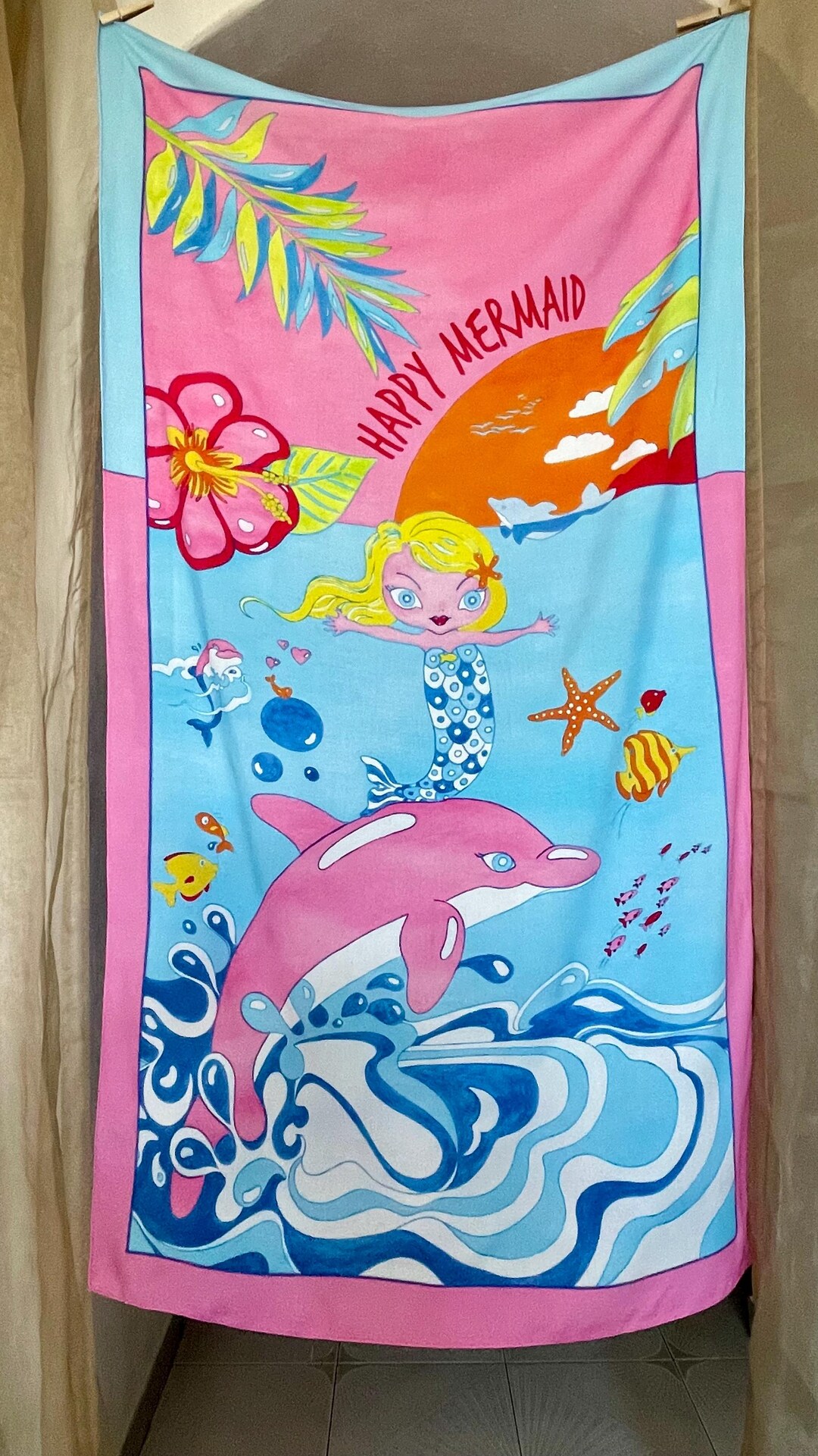 Kids Cotton Pareo – Happy Mermaid | Children Beach Wrap | Mermaid Beach ...