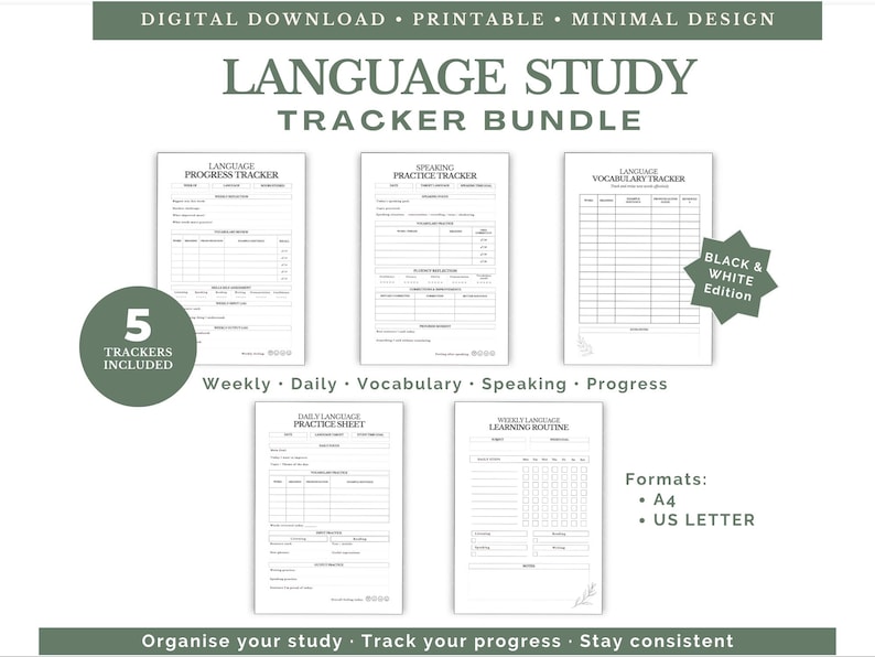 Language Learning Tracker Bundle | Vocabulary, Speaking, Progress (A4 ...