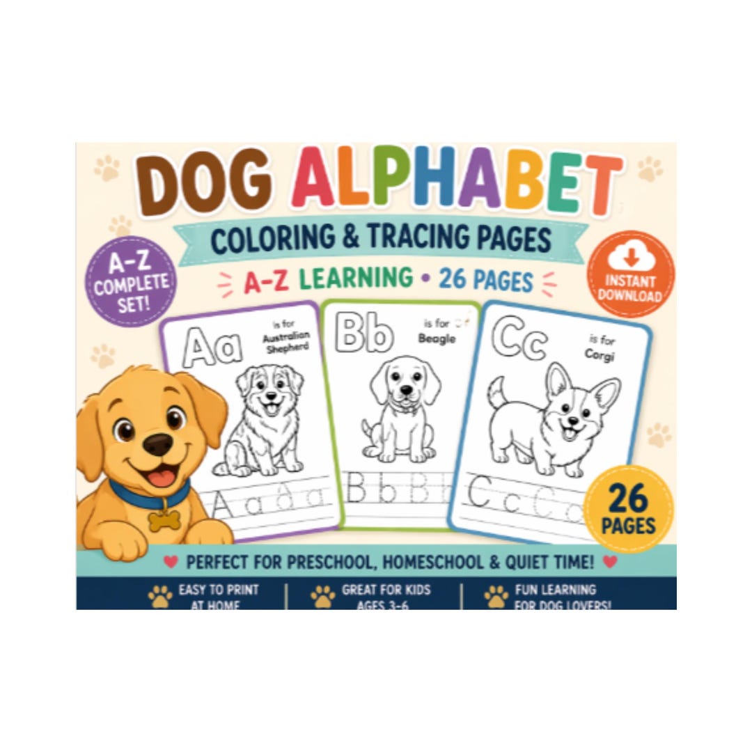 Dog Alphabet Coloring Pages Printable, A-Z ABC Tracing & Coloring Book ...