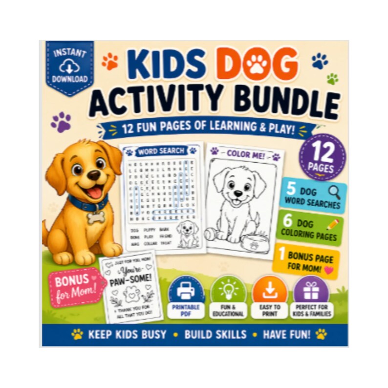 Dog Activity Bundle Printable, Kids Dog Coloring Pages & Word Search ...