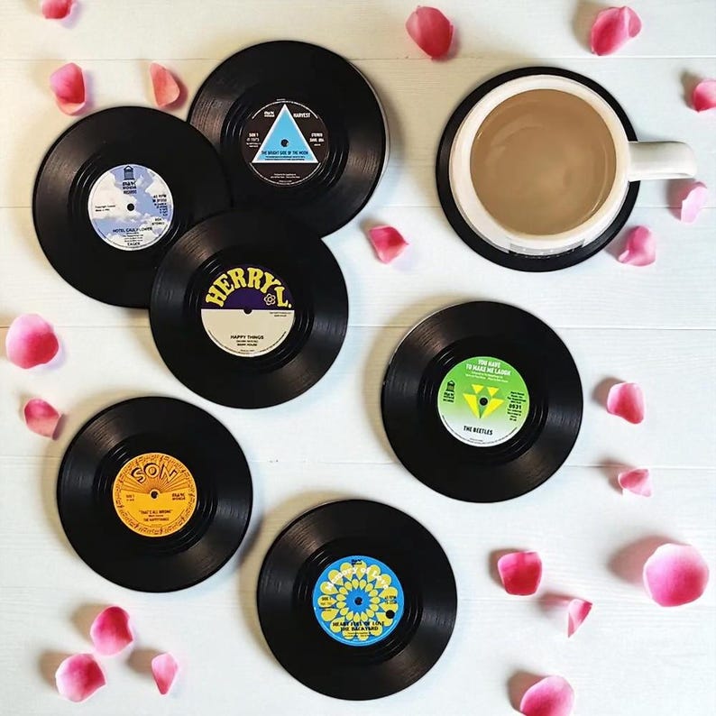Retro Vinyl Coasters | Set of 6 Drink Coasters | Home Decor - Etsy