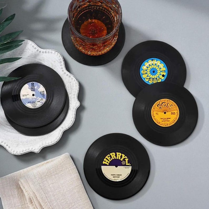 Retro Vinyl Coasters | Set of 6 Drink Coasters | Home Decor - Etsy