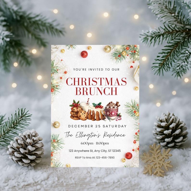 Christmas Brunch Invitation Template, Editable Holiday Brunch Invite ...