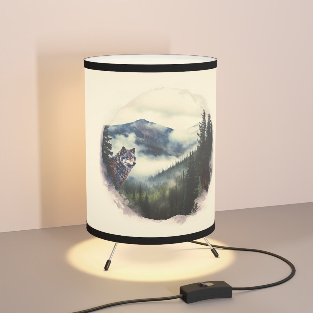 Wolf Mountain Rustic Tripod Lamp Printed Shade - Cabin Core, Lodge ...