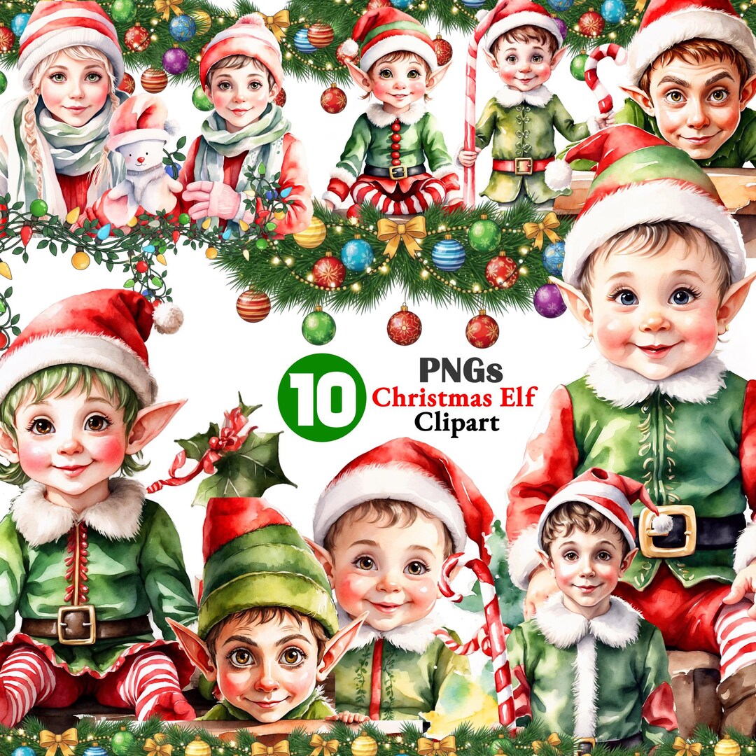 10 Cute Christmas Elf Clipart PNG | Watercolor Elf Holiday Illustration ...