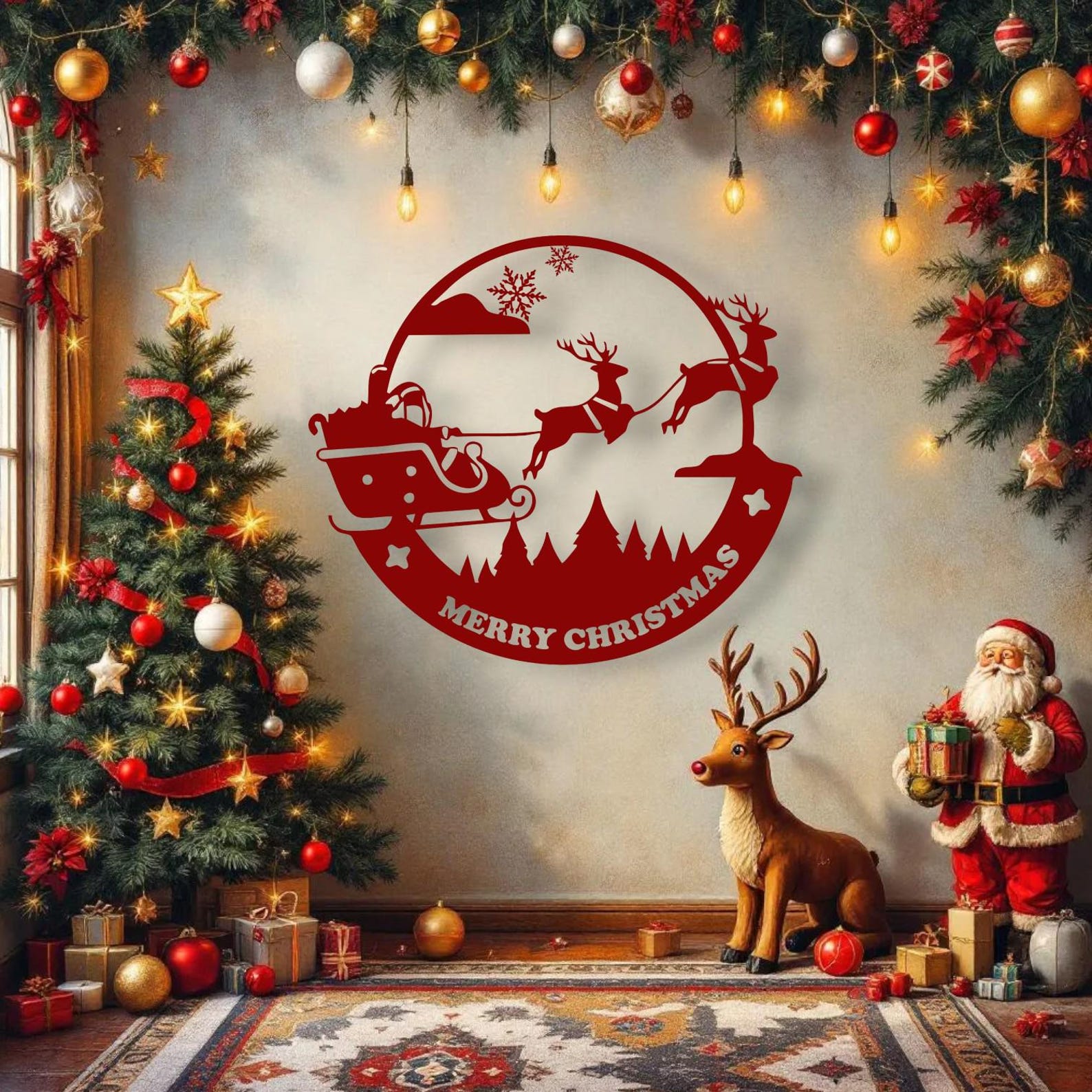 Custom Text Santa Sleigh Metal Wall Art, Reindeer and Sleigh Christmas ...