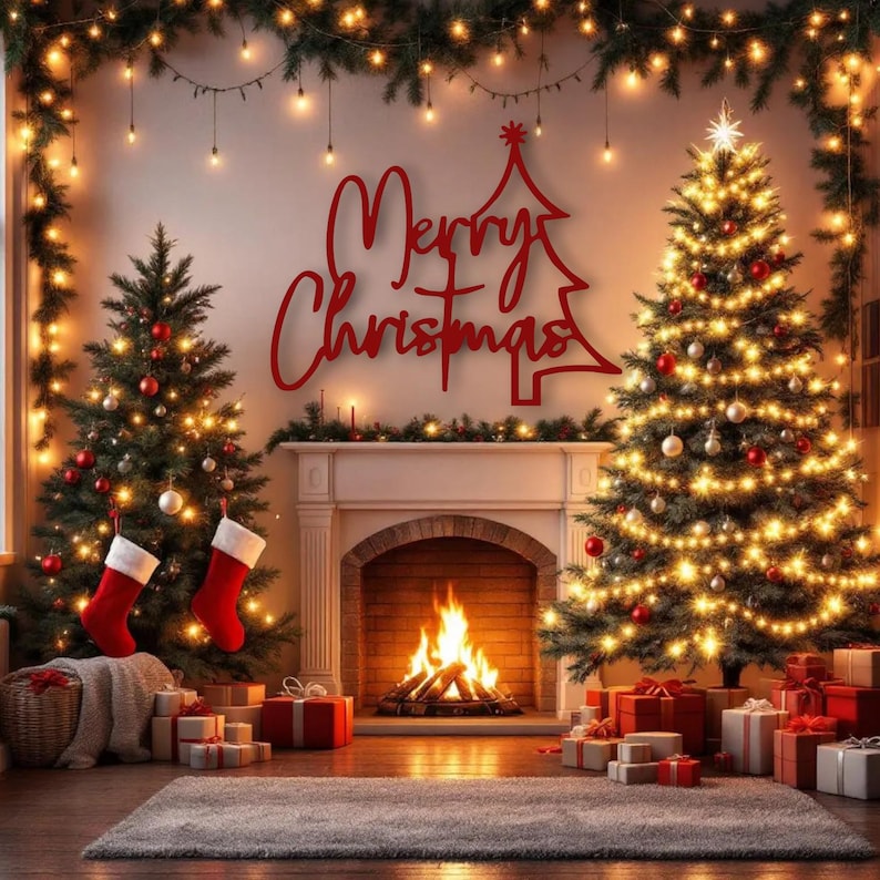 Merry Christmas Tree Metal Wall Art, Holiday Home Decor - Etsy UK