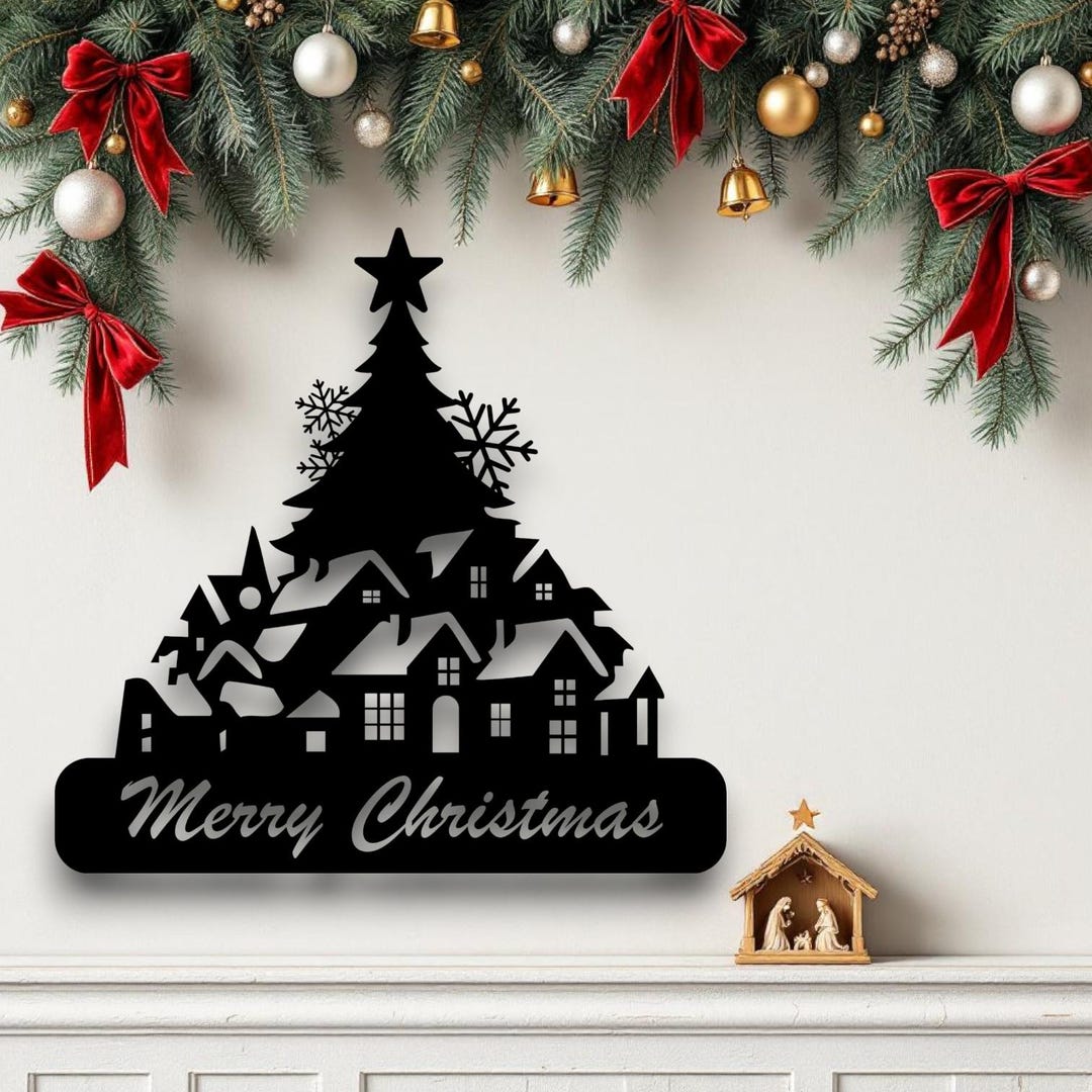 Custom Text Christmas Village Metal Wall Art, Holiday Houses and Tree ...