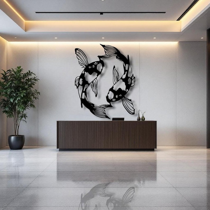 Twin Koi Fish Metal Wall Art, Circular Japanese Wall Decor, Zen Balance ...