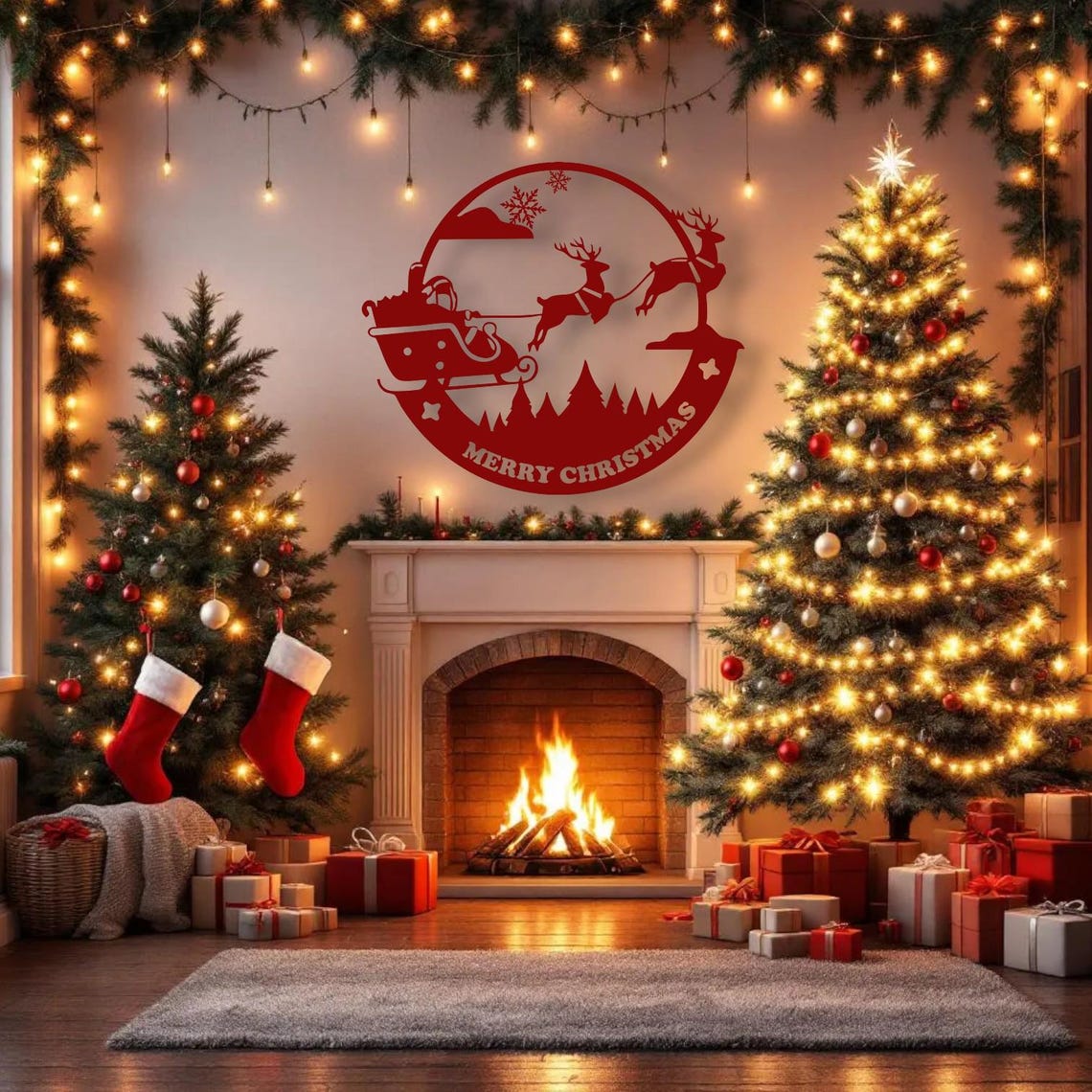 Custom Text Santa Sleigh Metal Wall Art, Reindeer and Sleigh Christmas ...