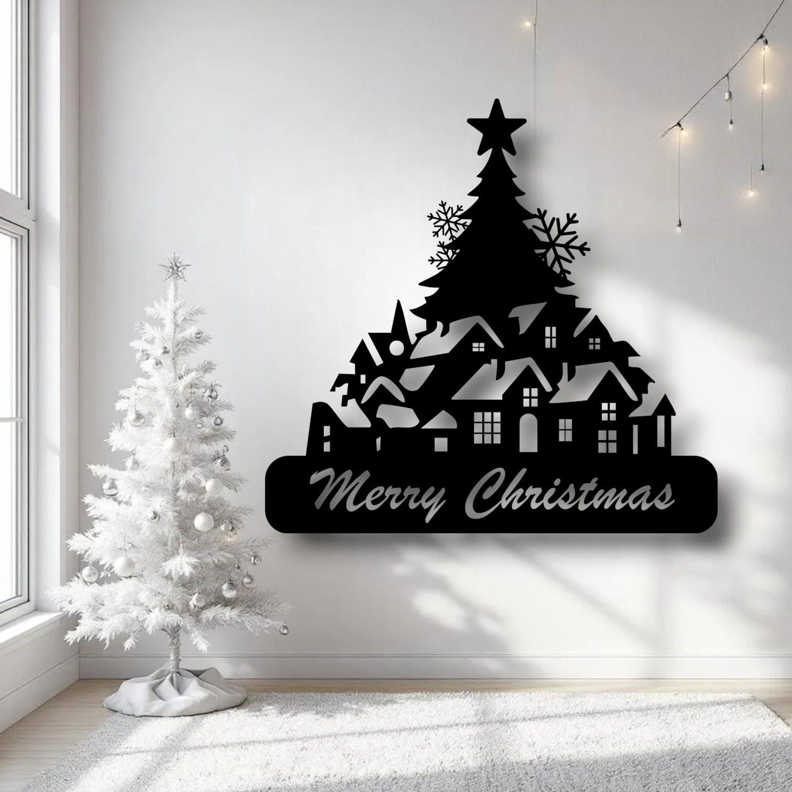 Custom Text Christmas Village Metal Wall Art, Holiday Houses and Tree ...