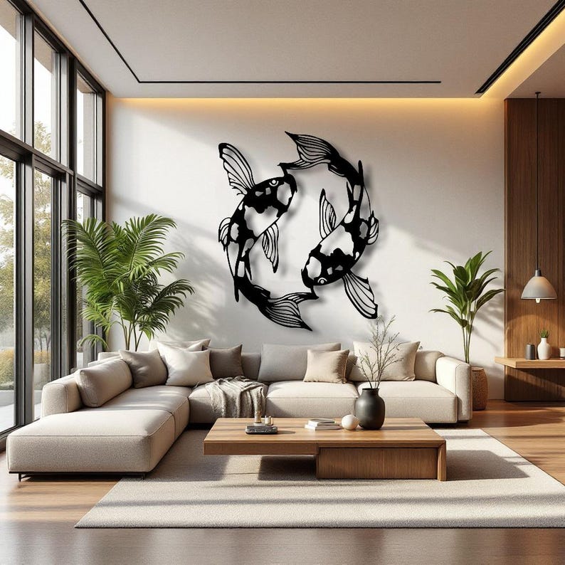 Twin Koi Fish Metal Wall Art, Circular Japanese Wall Decor, Zen Balance ...