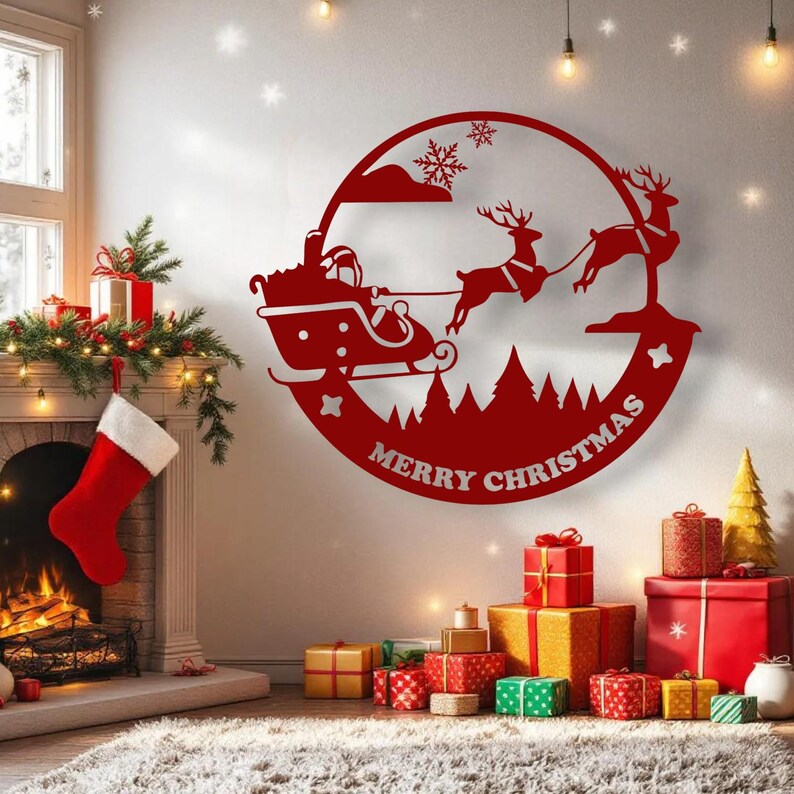 Custom Text Santa Sleigh Metal Wall Art, Reindeer and Sleigh Christmas ...