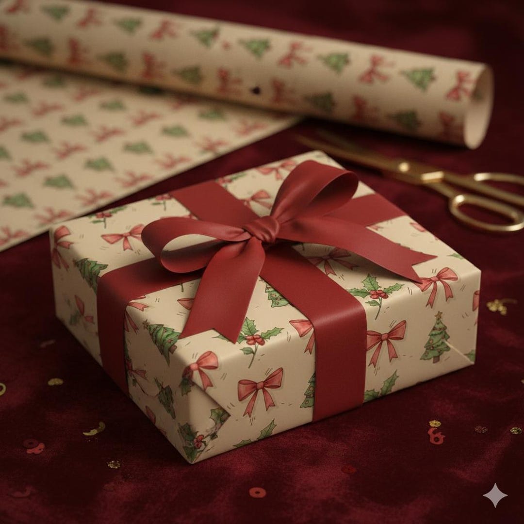 Christmas Wrapping Paper, Red Bow & Holly Pattern, Vintage Christmas ...