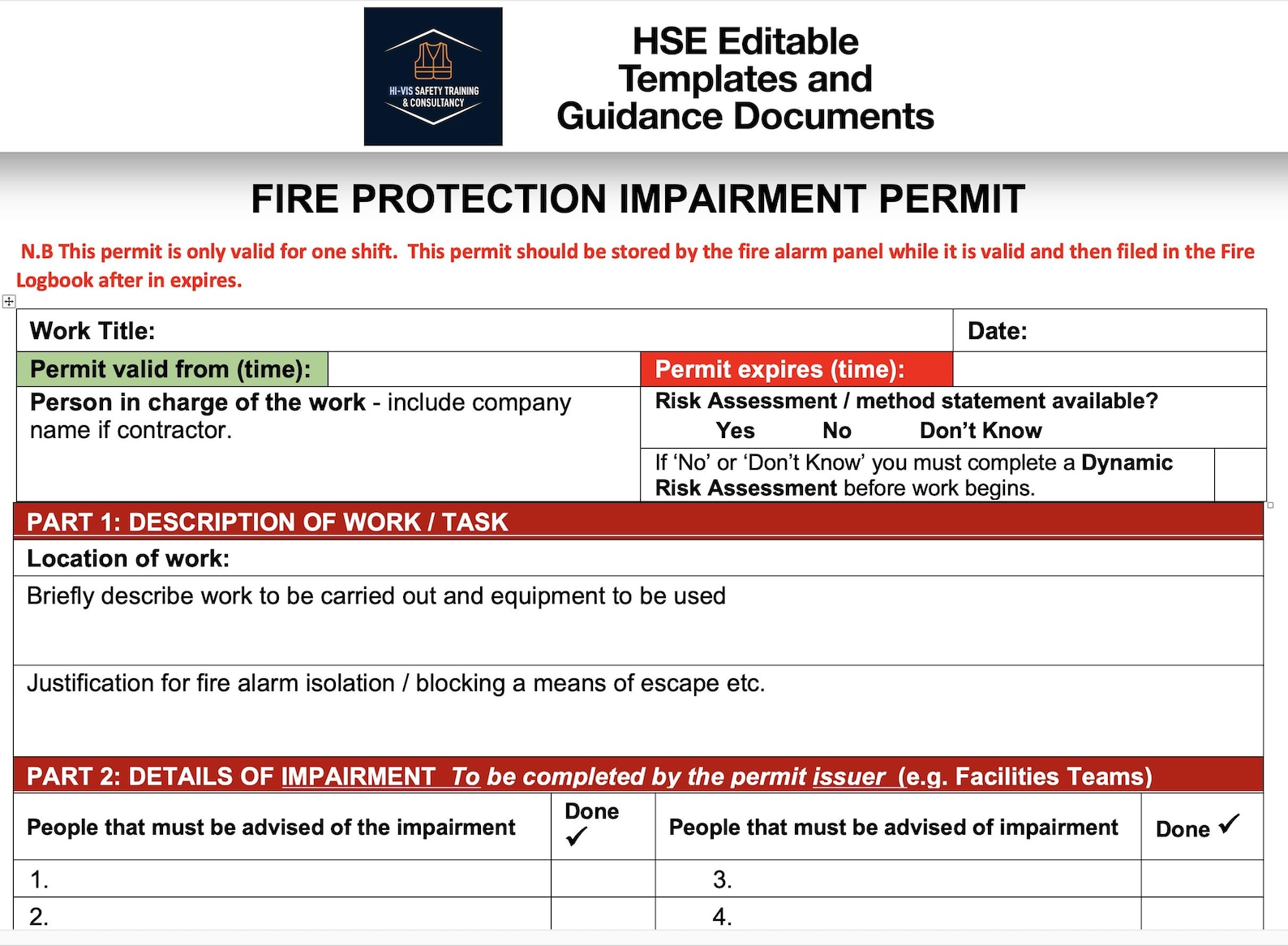 Fire Impairment Notice Template: HSE Compliant (digital Download) - Etsy