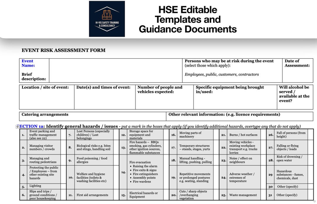 Event Risk Assessment Template: HSE Compliant, Editable (PDF & Word) - Etsy