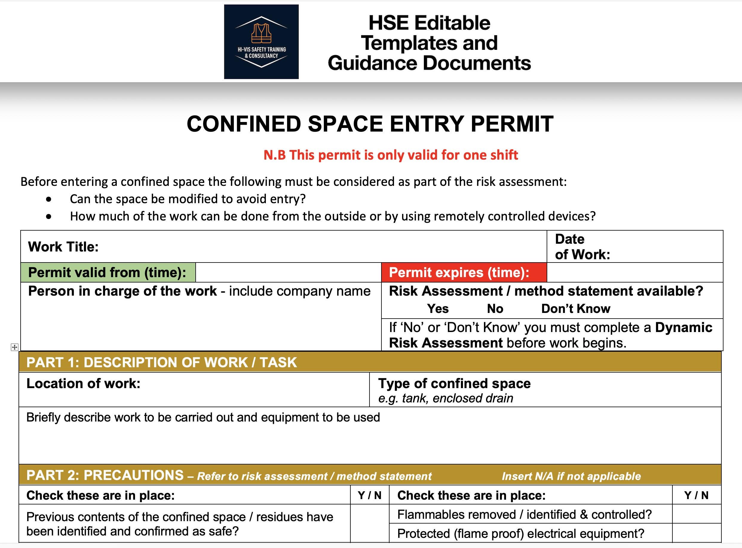 Confined Space Entry Permit Template | Editable HSE Compliant Work ...