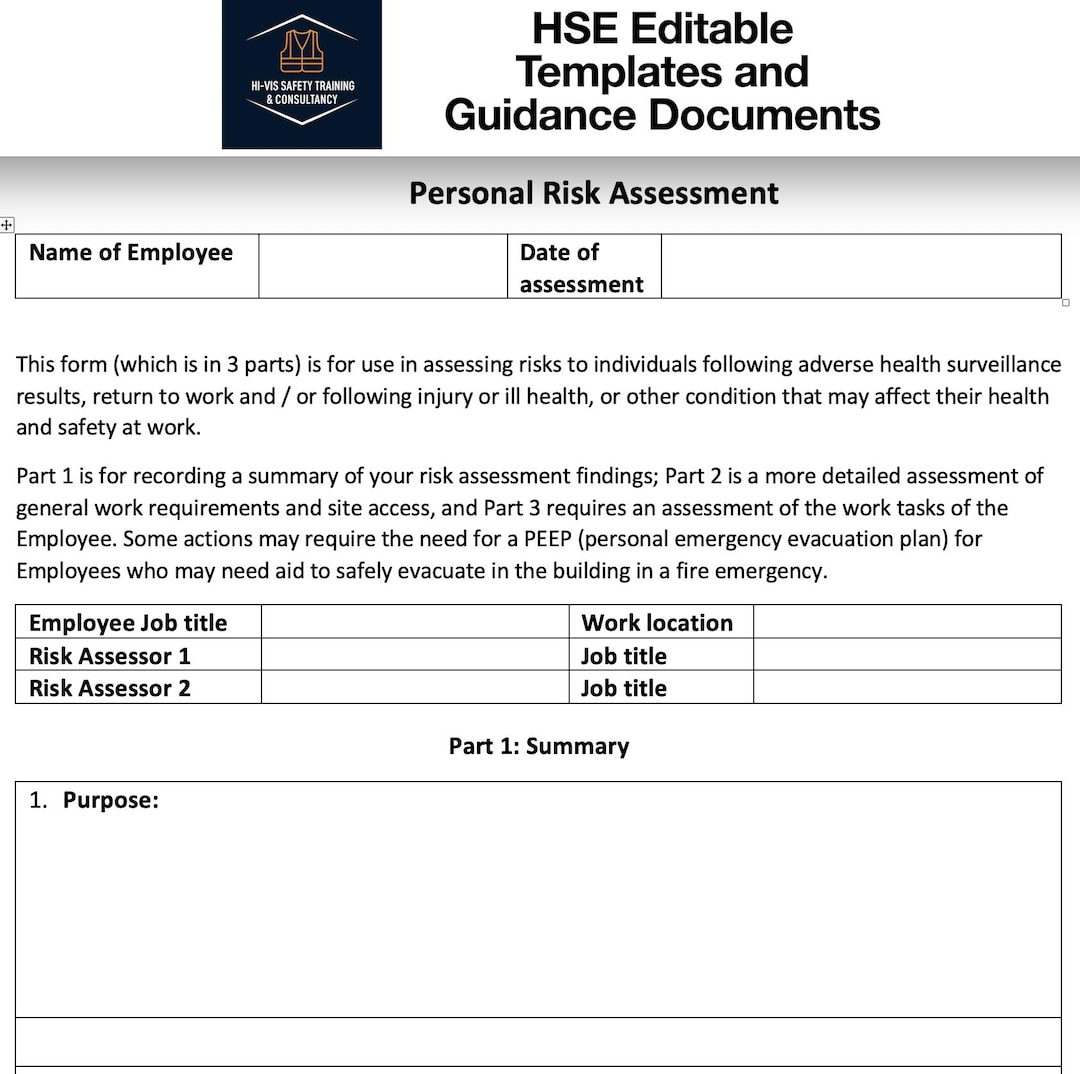Editable Personal Risk Assessment Form. Identify Individual Risks ...
