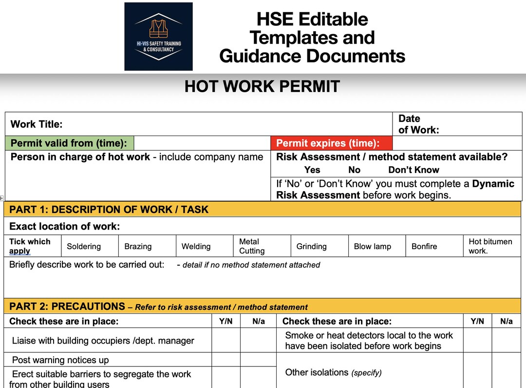 Editable Hot Work Permit Form: HSE Welding & Cutting Template (digital ...