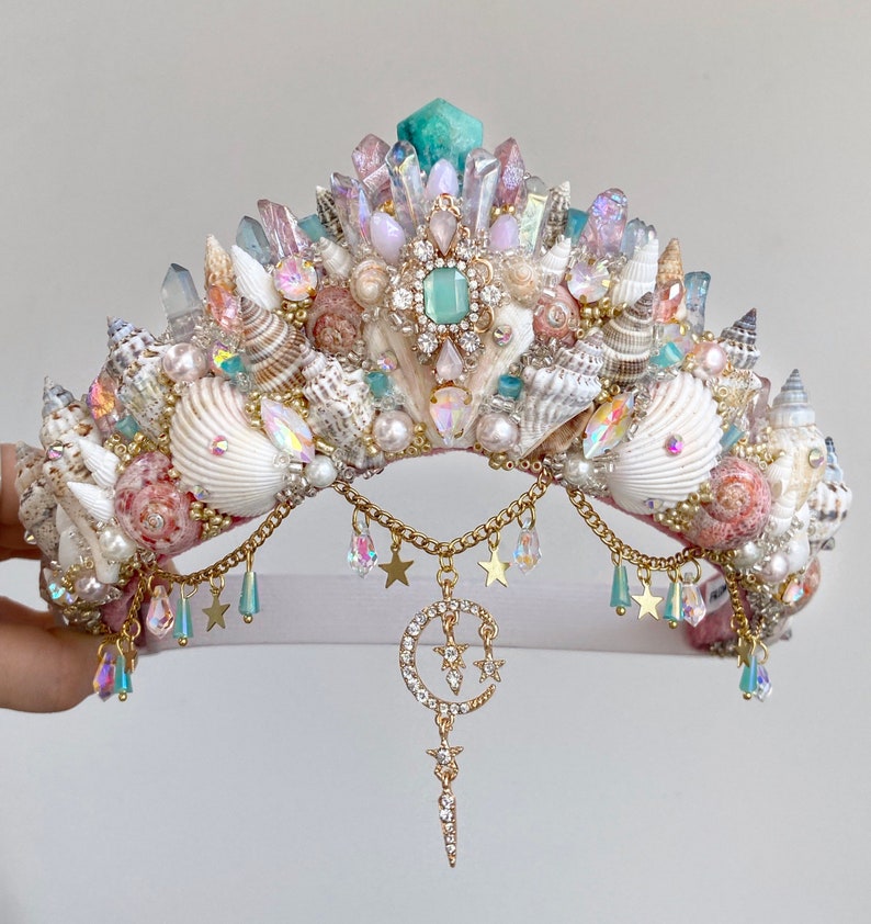 The Mint Green Moon Mermaid Crown In Blush Peach Crystal Etsy