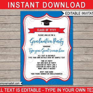 Graduation Party Invitations - Red & Blue - Printable Template - Any ...