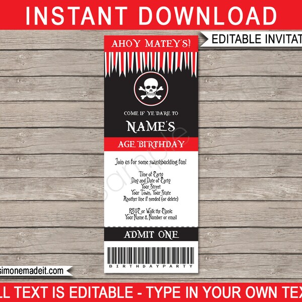 Pirates Ticket Template - Etsy