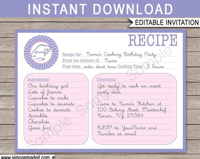Cooking Invitation Template Recipe Card Birthday Party - Etsy