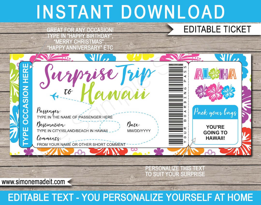 Printable Hawaii Plane Ticket Boarding Pass Template - Surprise Trip to ...