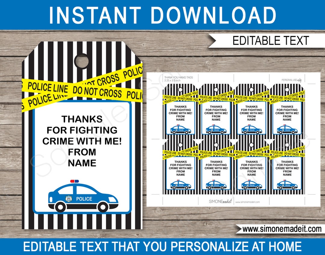 Police Favor Tags Template - Printable Birthday Party Thank You Tags ...