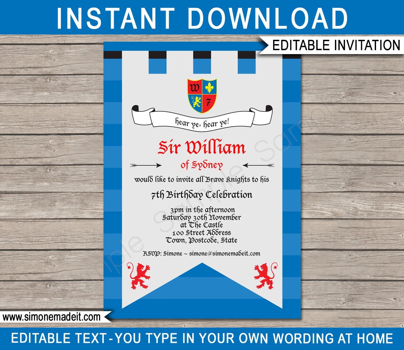 Medieval Knight Invitation Template Printable Birthday Party - Etsy ...