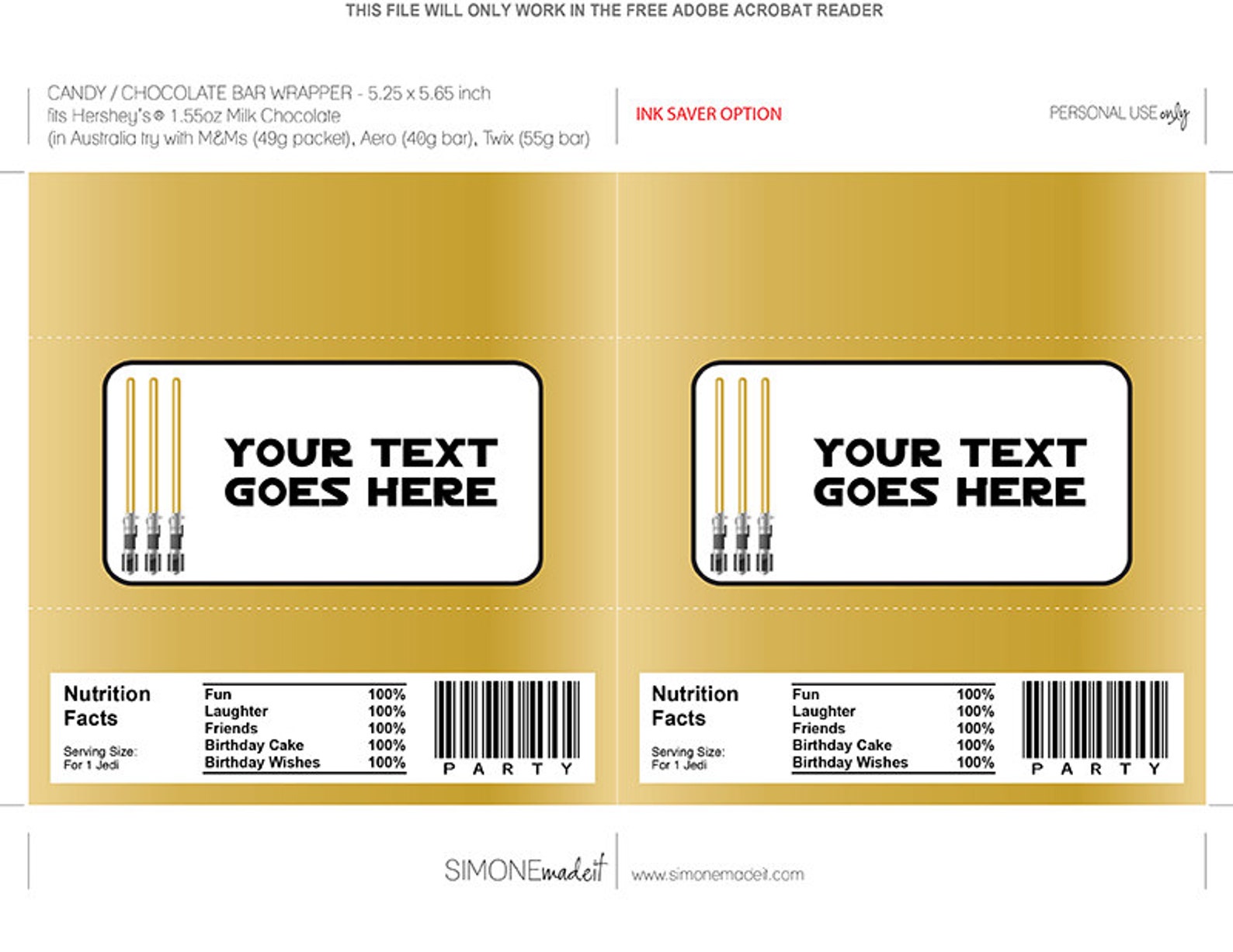 Gold Star Wars Candy Bar Wrappers Star Wars Party Favors | Etsy