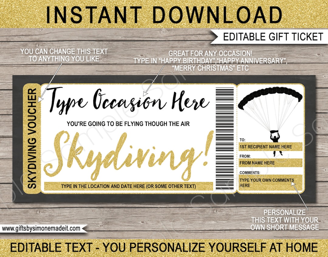 Skydiving Gift Ticket Template: Editable Text, Printable Voucher ...