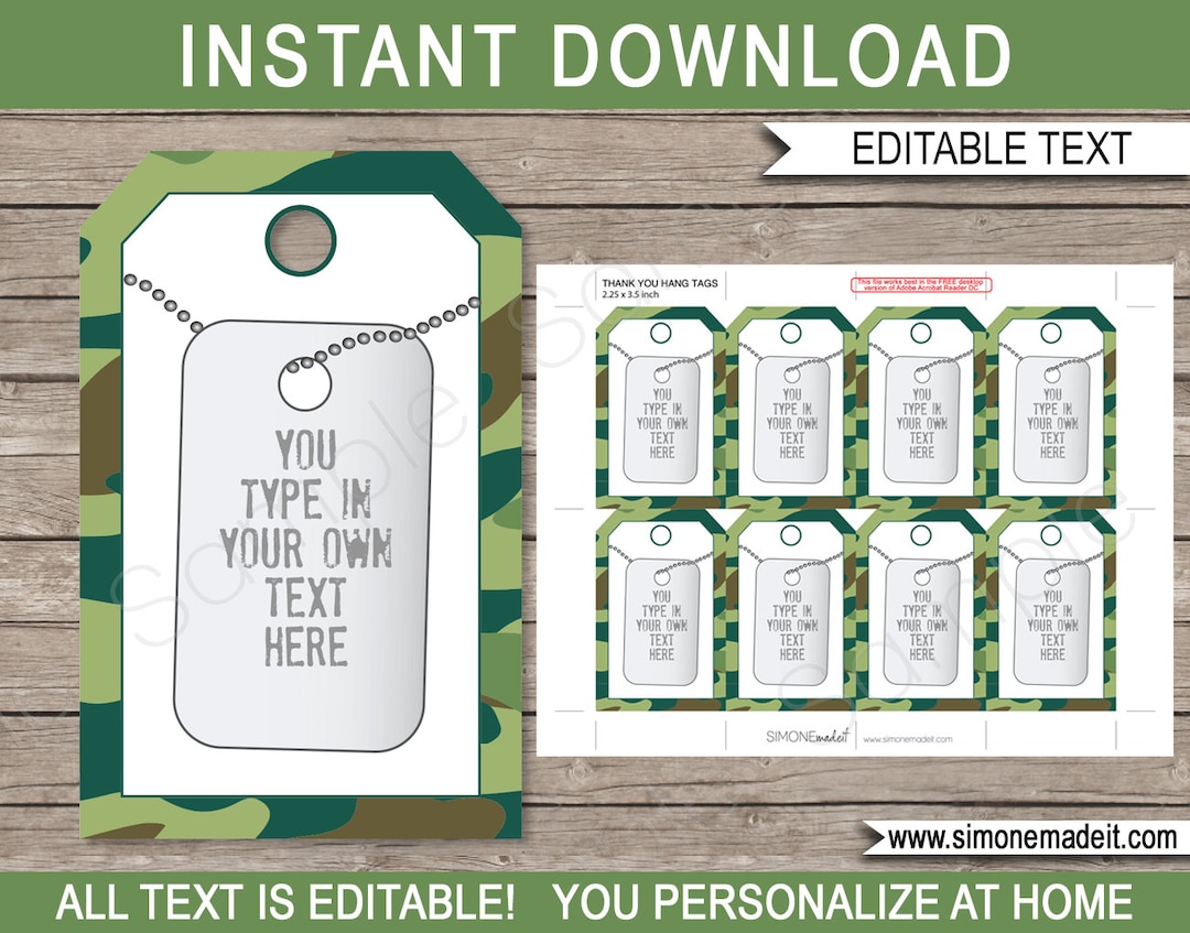 Army Favor Tags Template: Camo Birthday Party, Editable Text (digital ...