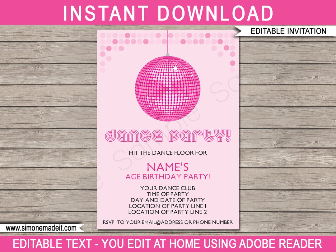 Dance Party Invitation Template - Printable Disco Theme Birthday Party ...