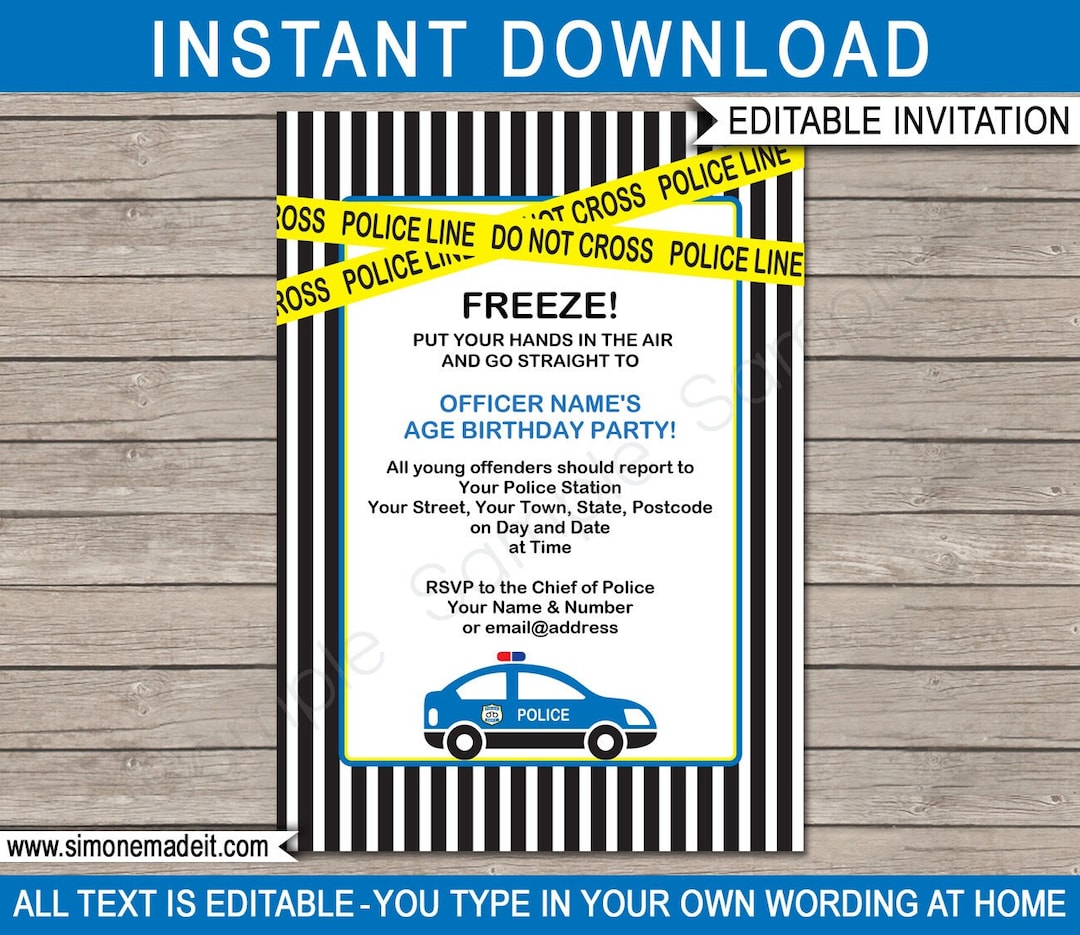 Police Party Invitation Template - Printable Birthday Party Invite ...