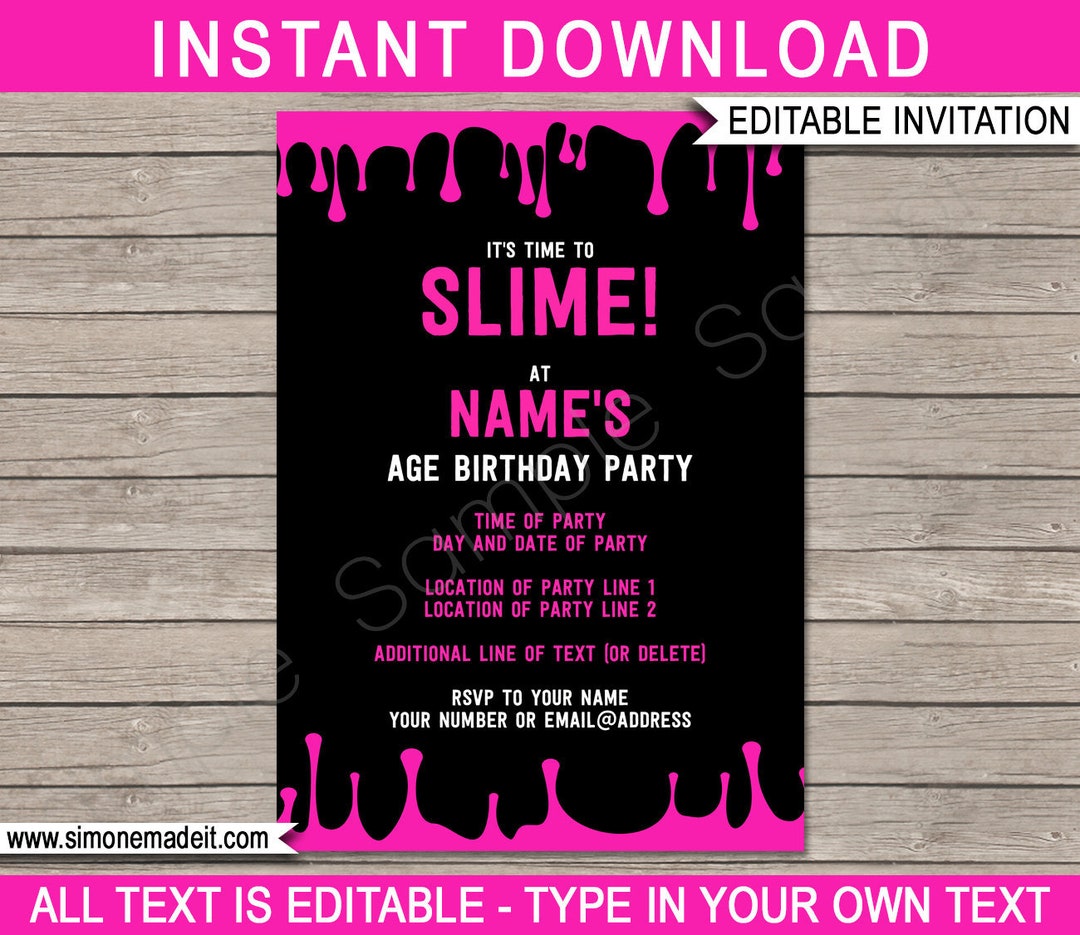 Slime Party Invite Template - Printable Birthday Party Theme Invitation ...