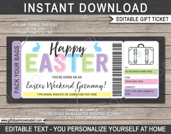 Easter Weekend Getaway Voucher Template Gift Certificate Ticket Card ...